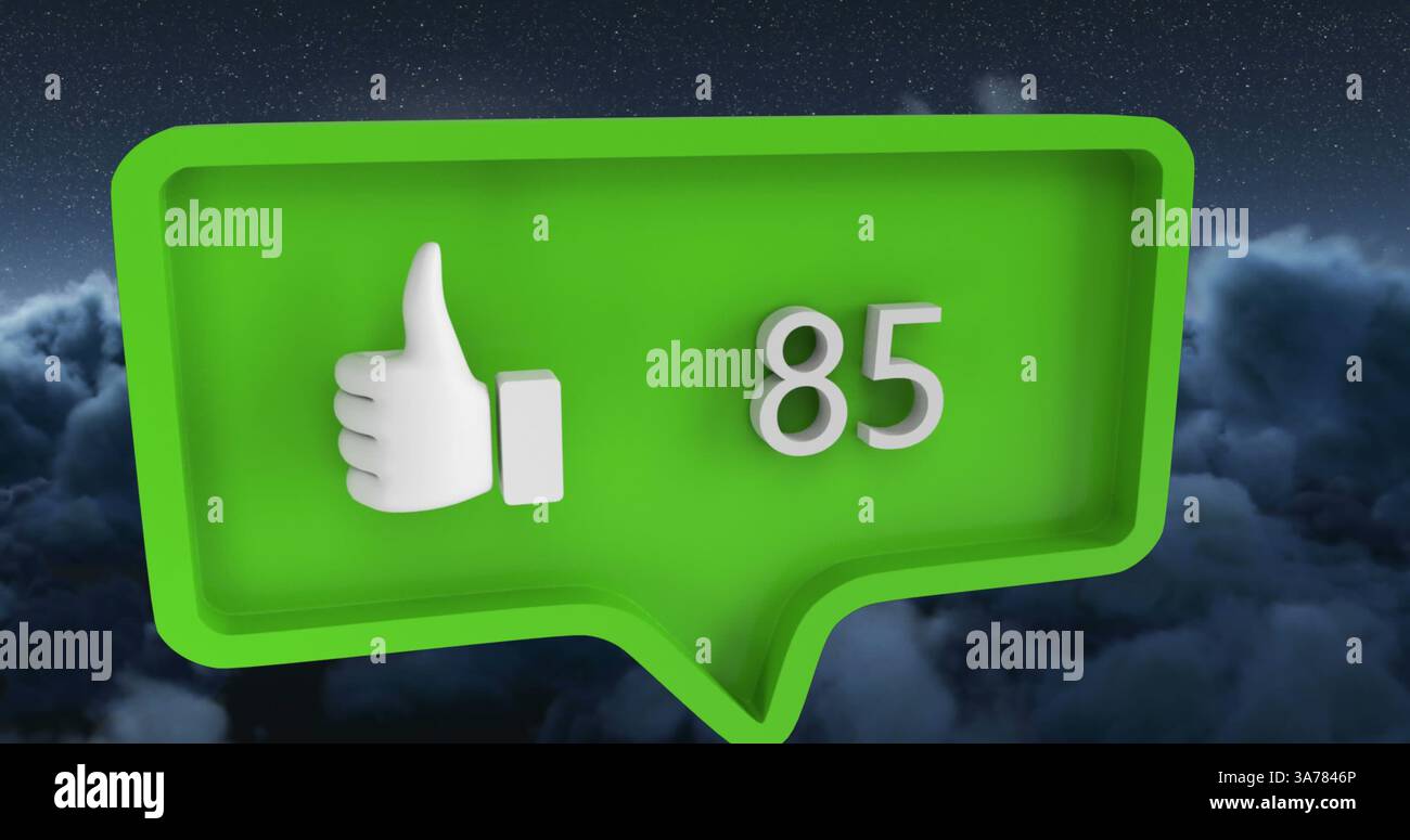 Green notification icon with thumbs up and number 85 floating above ...