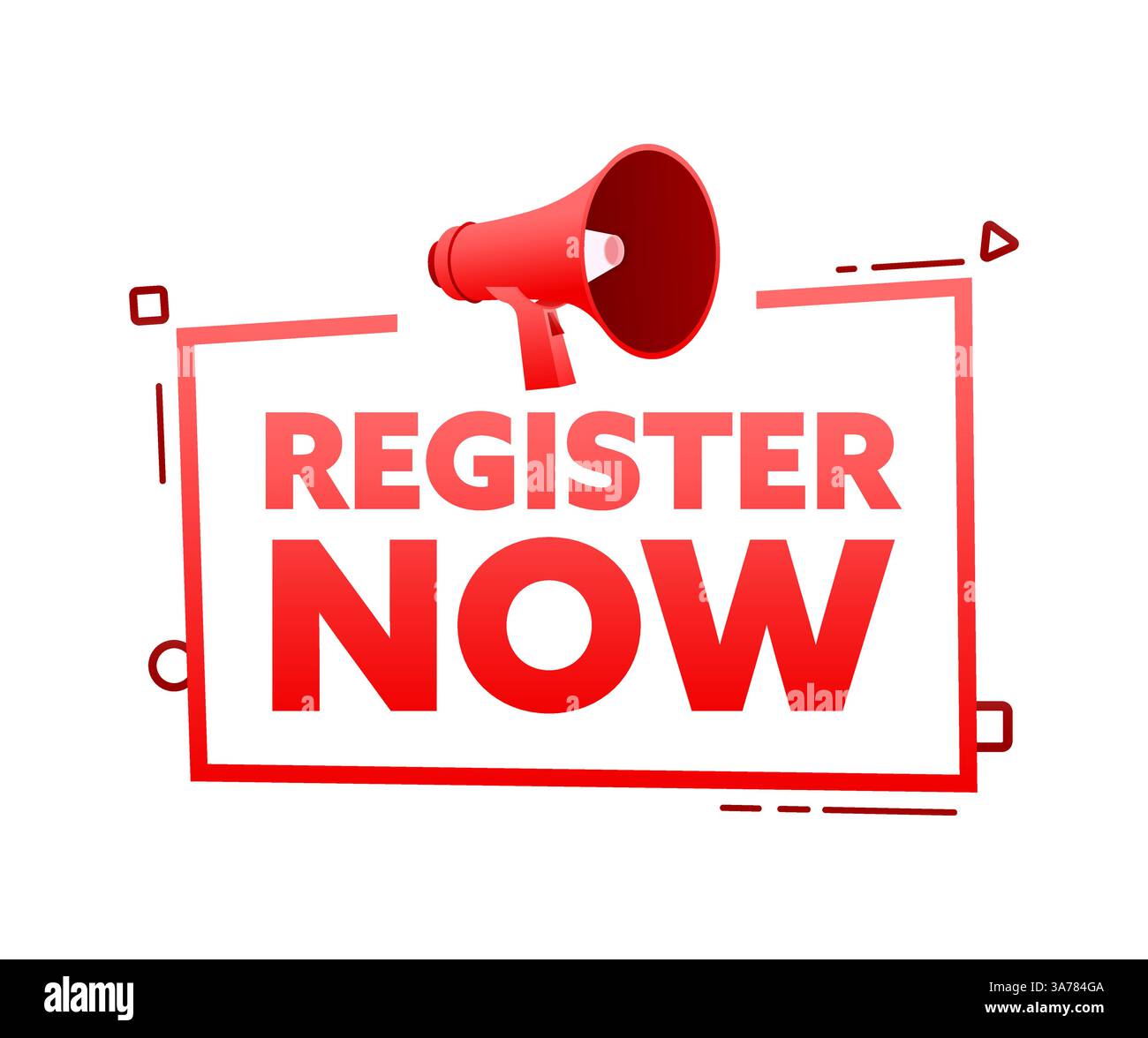 Megaphone with Now register speech bubble banner. Promotion and ...