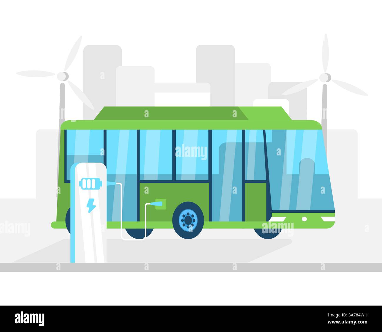 Electric bus at a charging station with wind turbines in the background ...