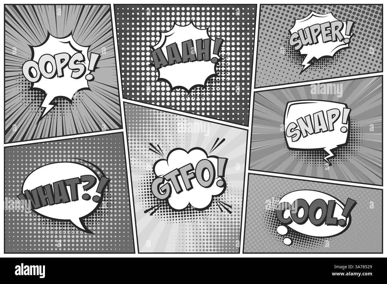 Cartoon comic backgrounds set. Speech bubble. Comics book black and white poster with halftone ...