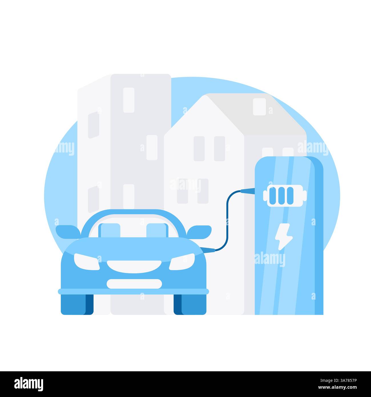 Electric vehicle at a charging station with urban backdrop, signifying ...