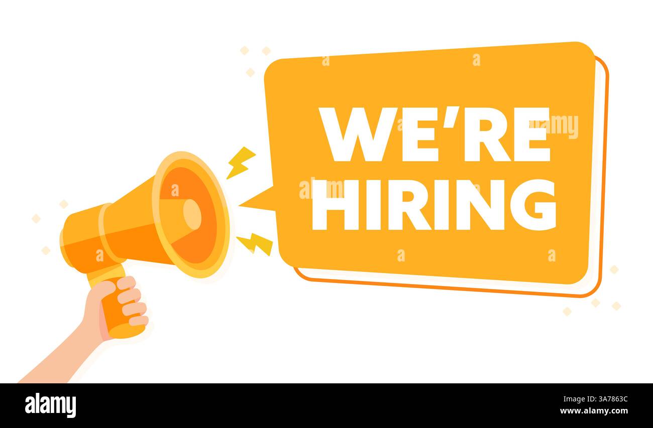 Vibrant We re Hiring Advertisement with Hand Holding Megaphone Vector ...