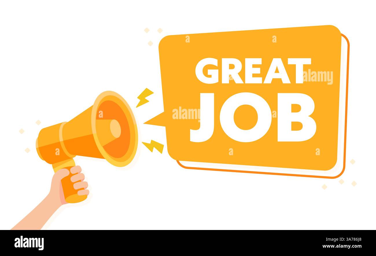 Hand Holding Megaphone with GREAT JOB Announcement in Bright Orange ...