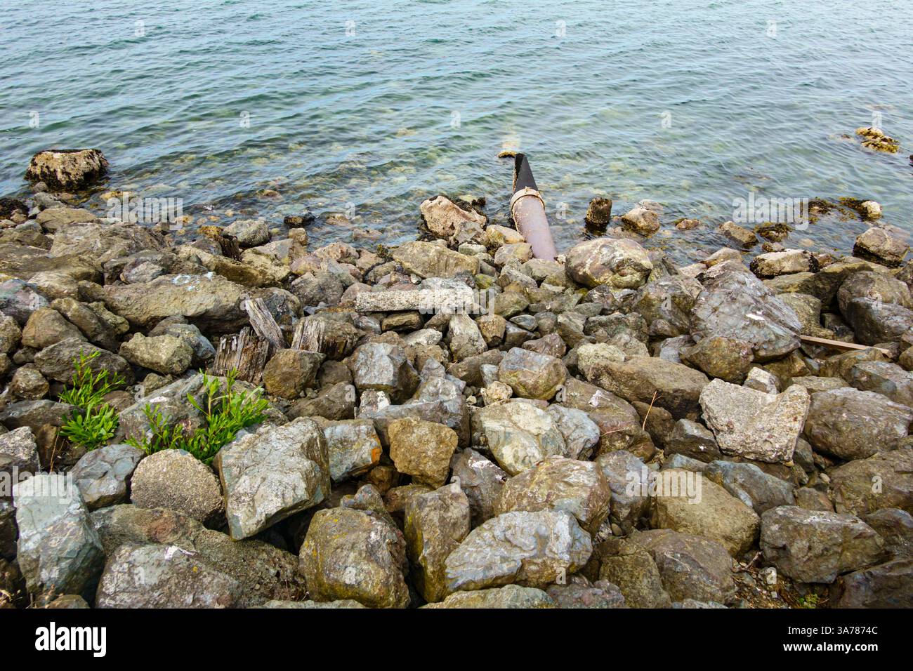 Storm sewer outlet, a pipe hidden under rocks discharging effluents and ...