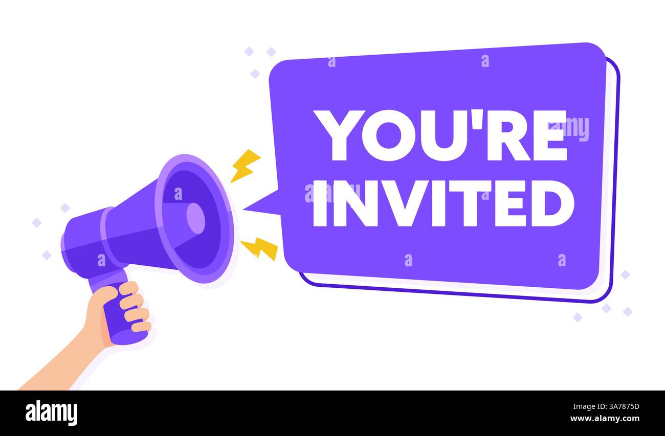 Friendly Invitation Announcement with Hand Holding Megaphone and You re Invited Message Stock ...