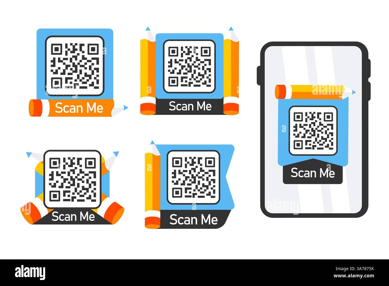 Set of QR code stickers flanked by pencils, with Scan Me text, designed for interactive ...
