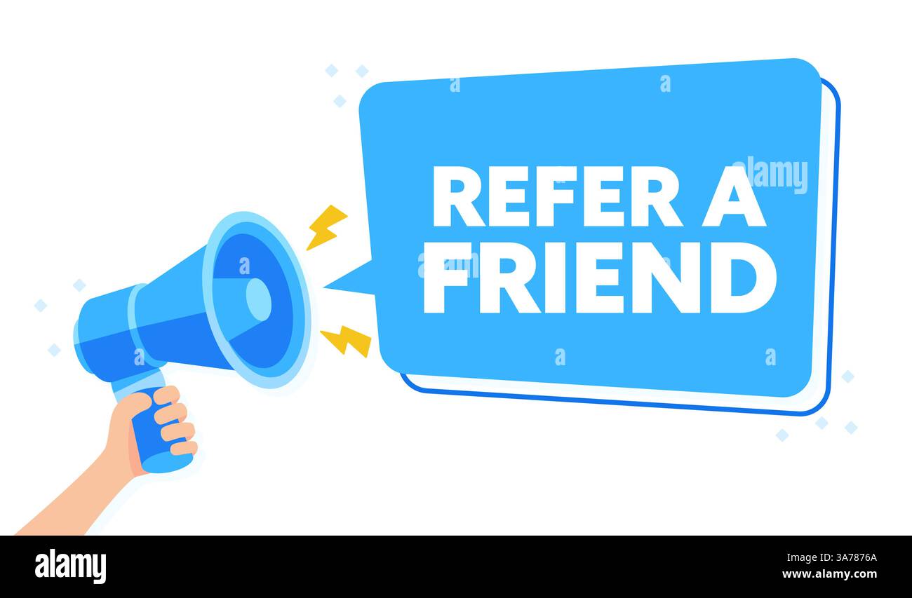 Vibrant Blue Megaphone Announcement for REFER A FRIEND with Hand Holding Banner Illustration ...