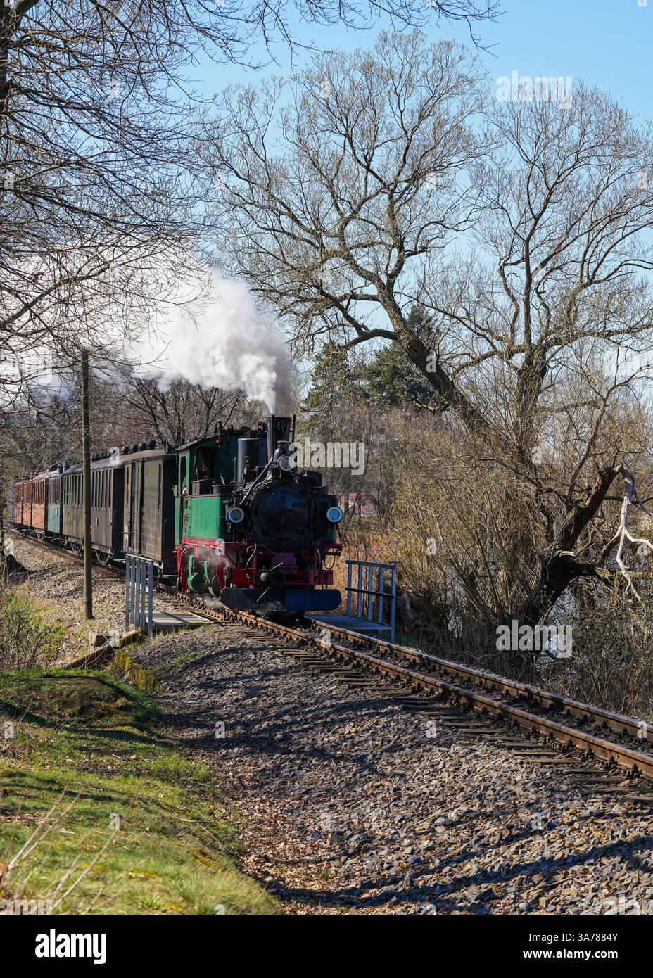 Tourist steam train moves on narrow gauge tracks in city Grosser Garten ...