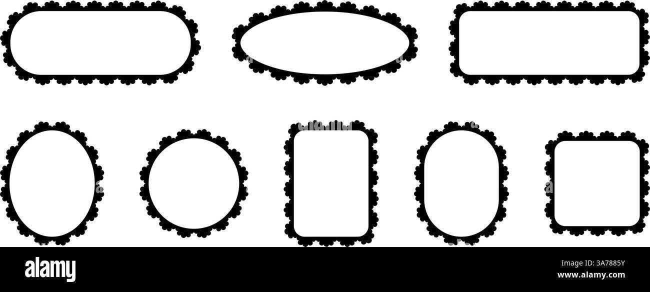 Frame with lace scallop edge. Ornament border of rectangular, round and square shapes. Vector ...