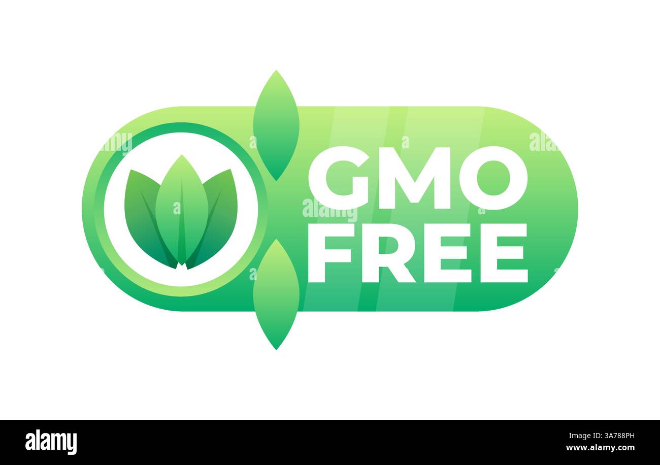 Green badge with a leaf design to indicate the product is free from genetically modified ...