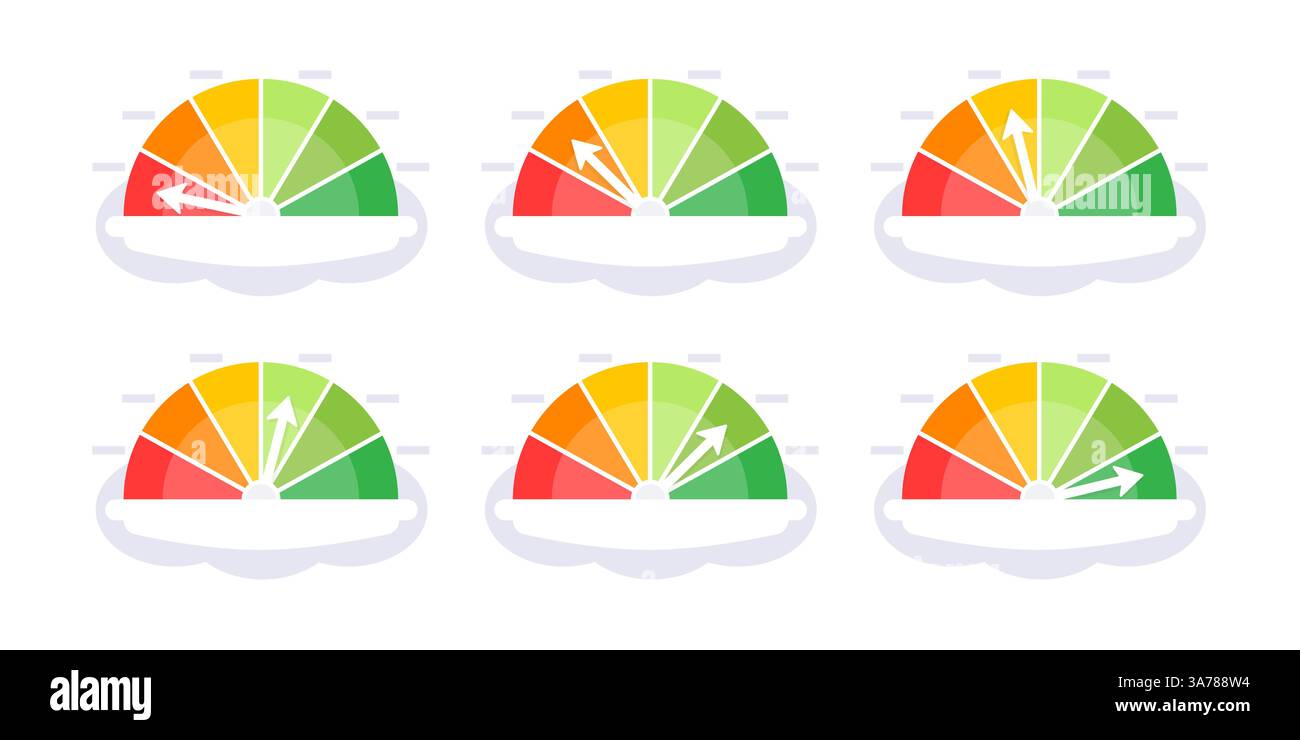 Speedometer set, gauge meter. Speed dial indicator. Scale, level of ...