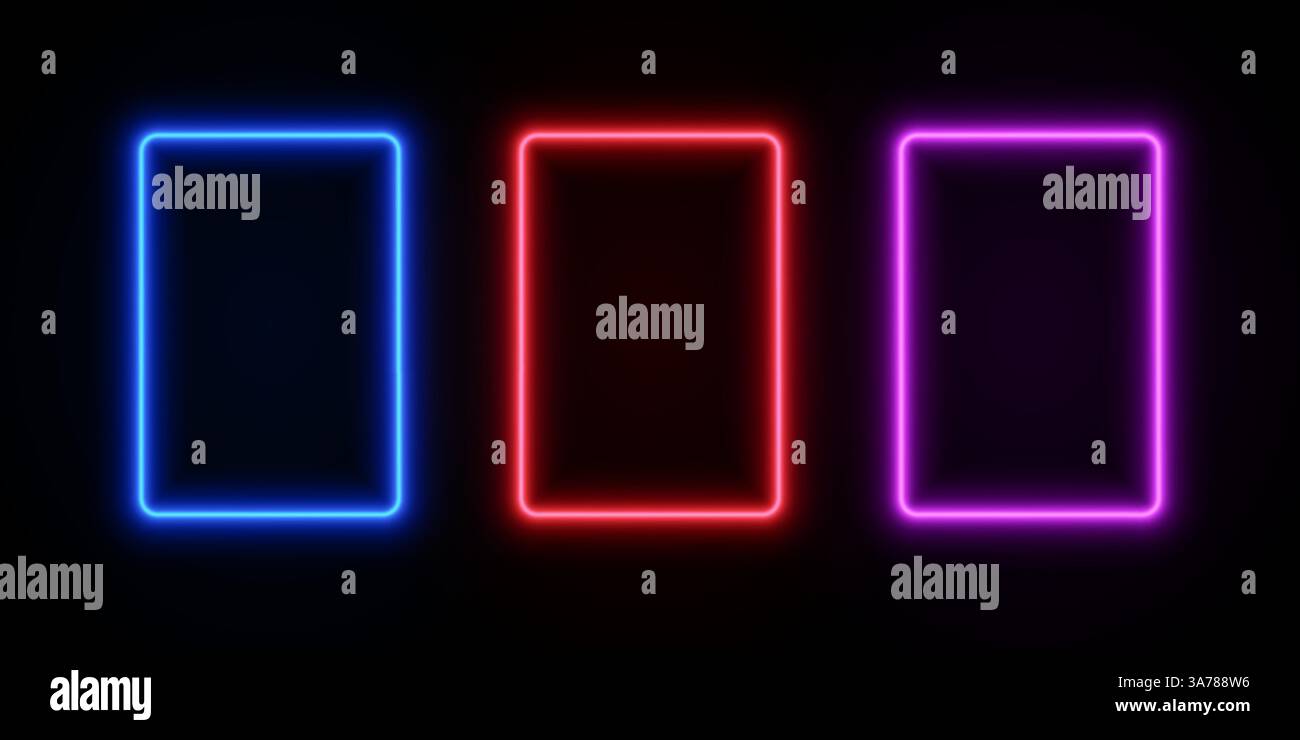 Light neon rectangle frames. Glow LED border of blue, red and purple ...