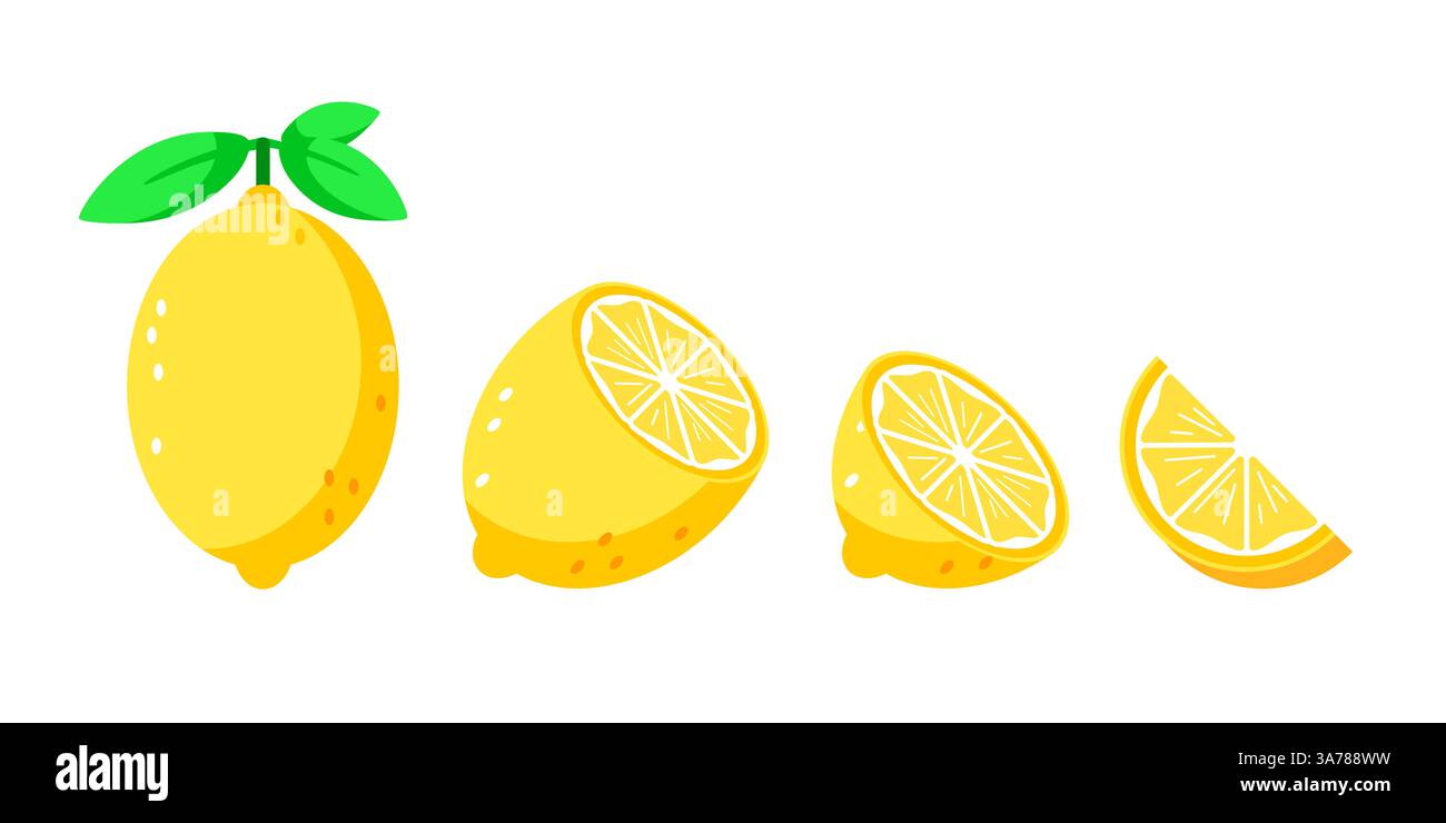 Set depicting whole and cut lemons with leaves, ideal for culinary and ...