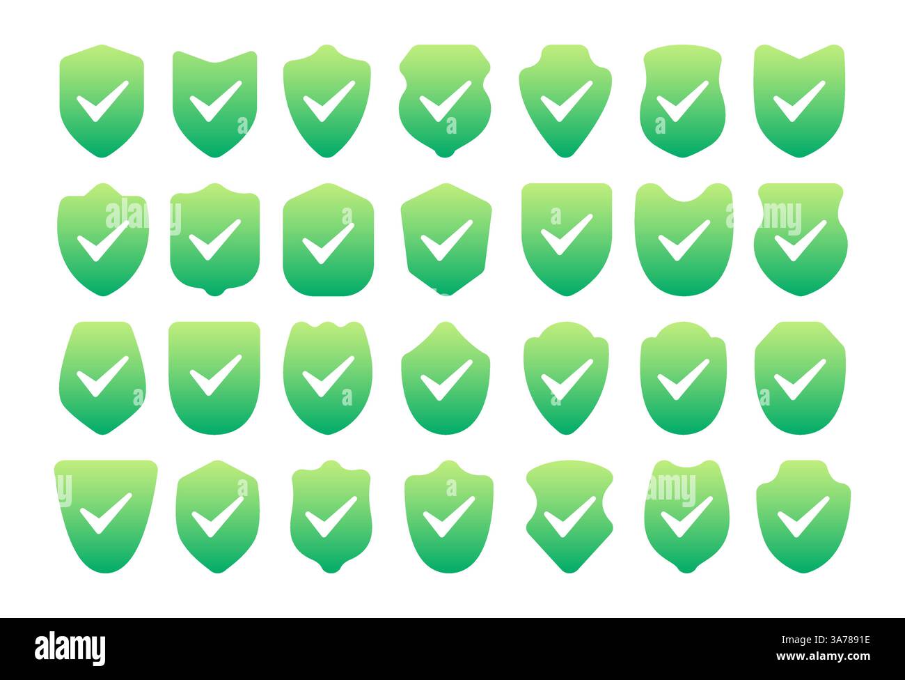Collection of green shield shapes with checkmarks, representing safety, security, and ...