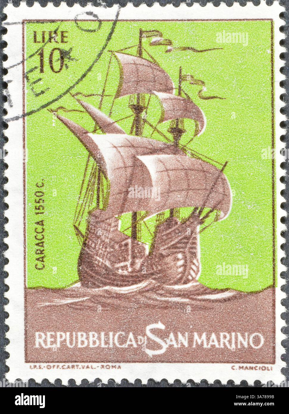 Postage stamp printed by San Marino, that shows Historical - Ship ...