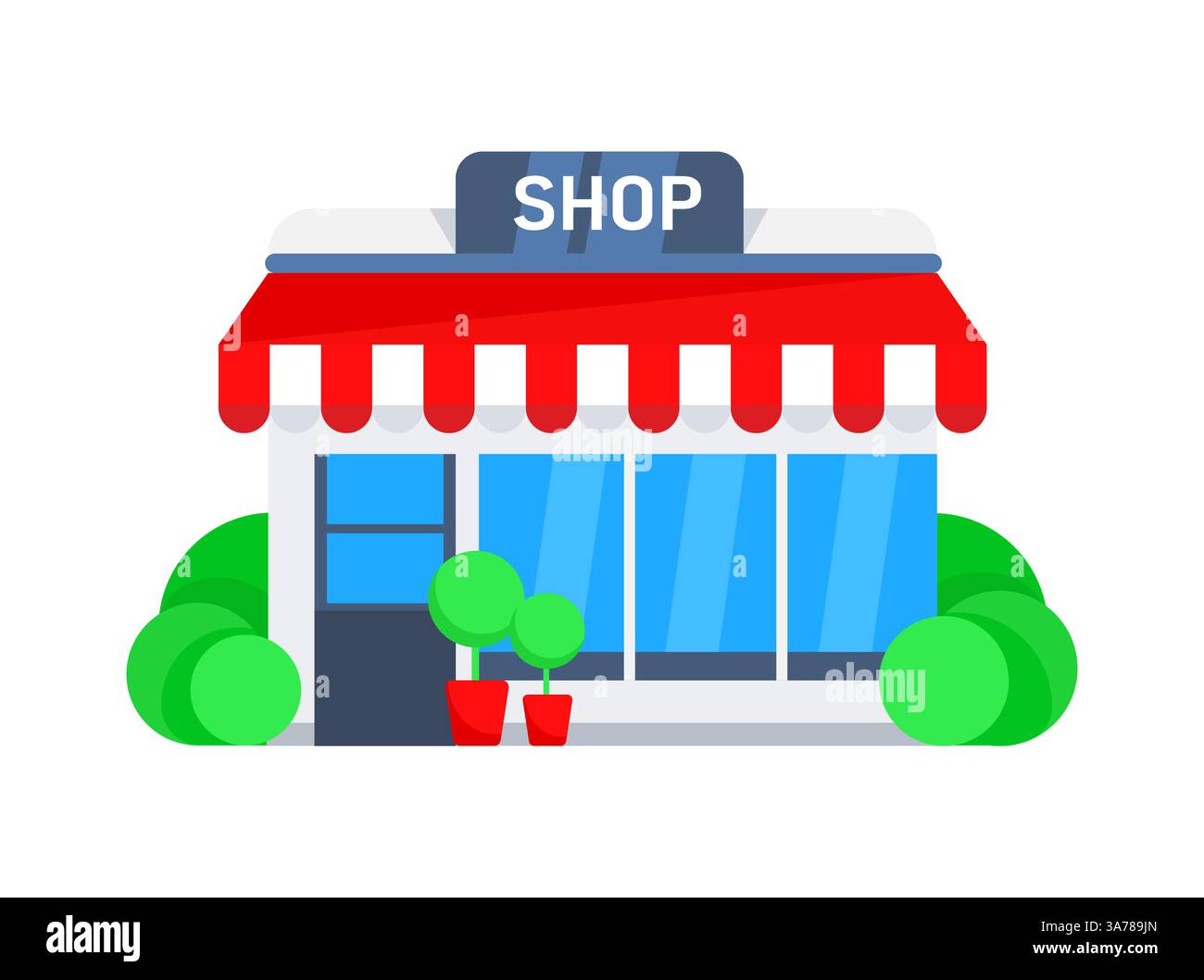 Small shop facade with a red-striped awning, large display windows, and ...