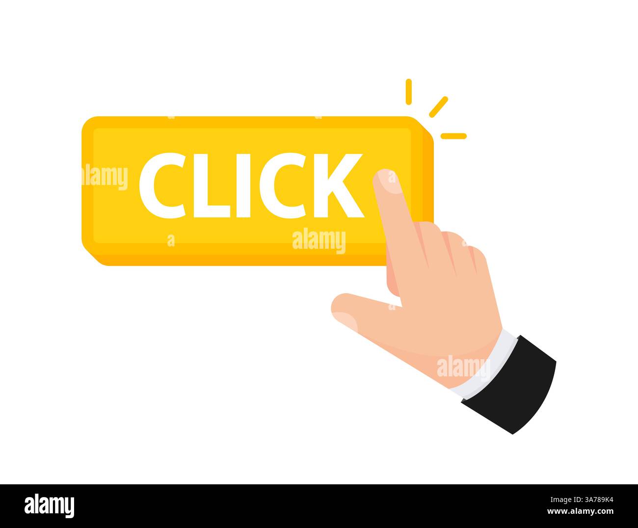 Vector illustration of a hand pointing to a vibrant yellow Click button, signifying a call to ...