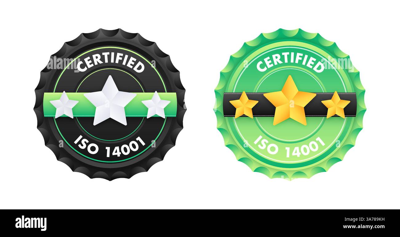 ISO 14001 standard certificate badge. Quality control. International Organization for ...