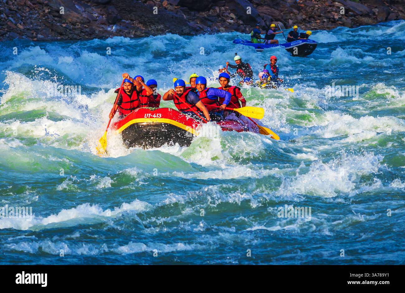 people enjoying river rafting in Rishikesh India on Ganges river Stock ...