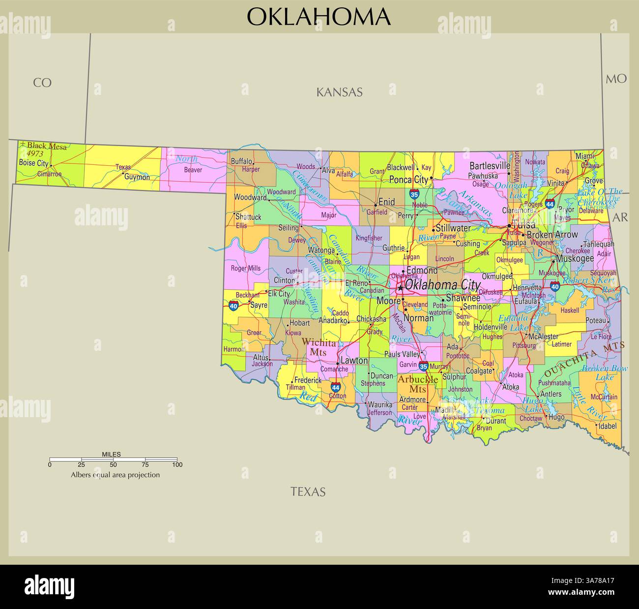 Map of Oklahoma showing counties, cities, and geographical features ...
