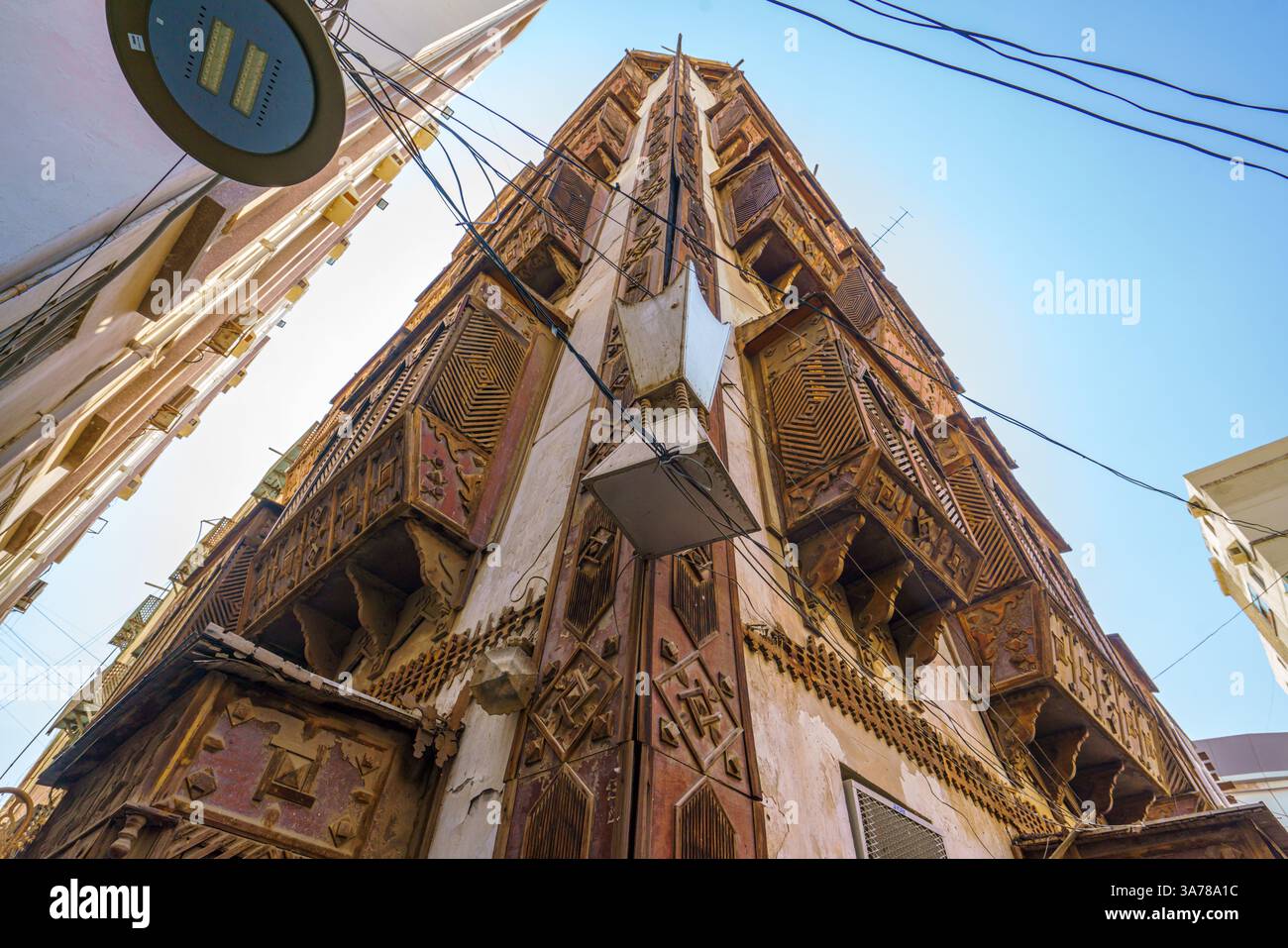Close up view of the corner of building from bottom to top in the old ...