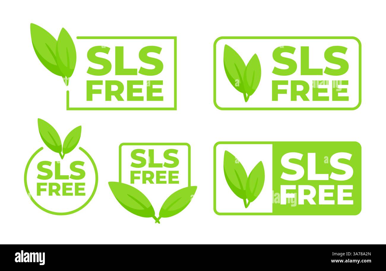 Set of SLS Free labels with a green leaf, indicating products without ...