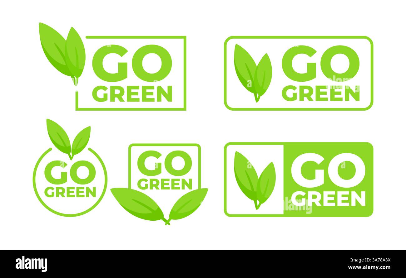 Collection of Go Green eco-friendly icons with leaf motifs, promoting ...