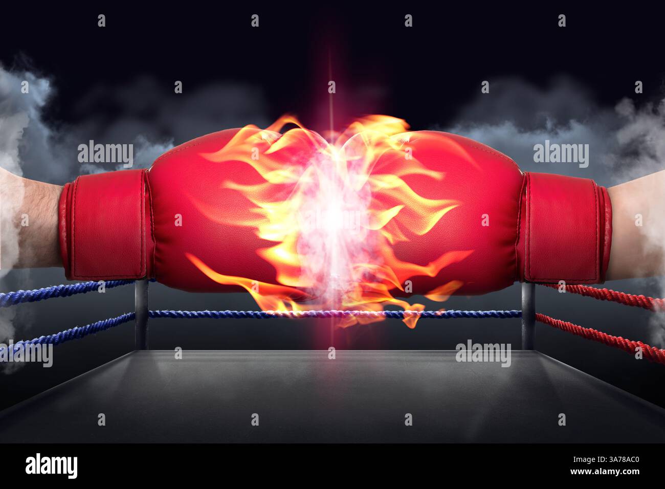 Boxers fighting in boxing ring surrounded by smoke, closeup. Flames ...