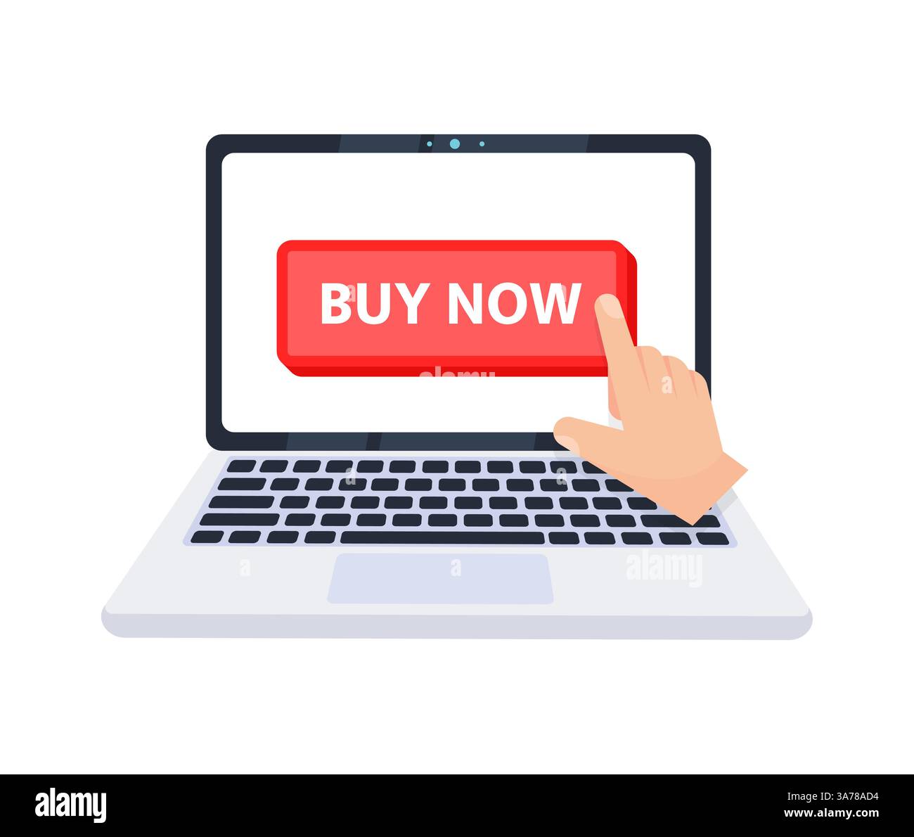 Hand pointer clicking on a buy now button on a laptop screen. Vector illustration Stock Vector ...