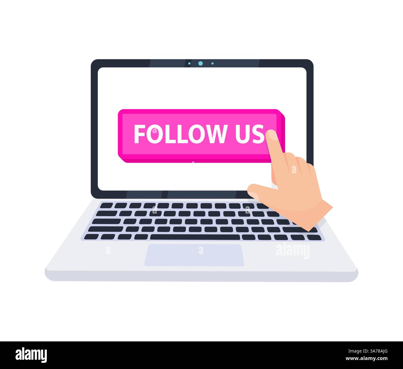 Hand pointer clicking on a follow us button on a laptop screen. Vector ...