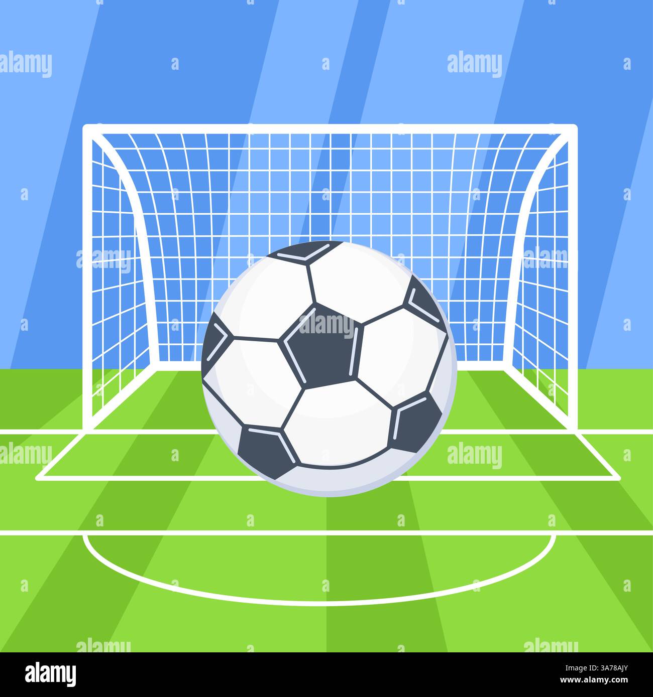 Soccer ball on green field in front of goal post. Vector illustration ...