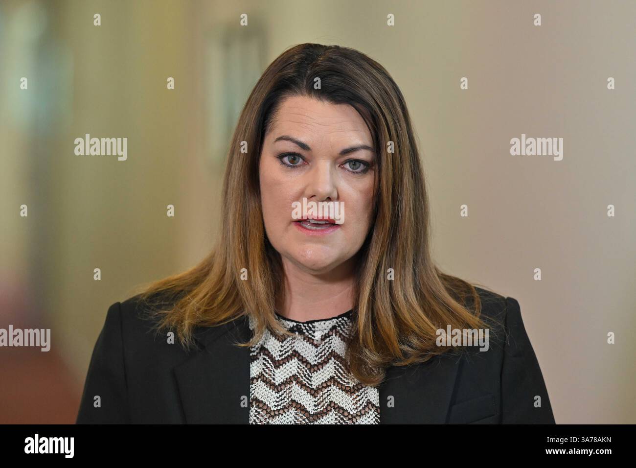 Greens Senator Sarah Hanson-Young speaks to journalists in press ...