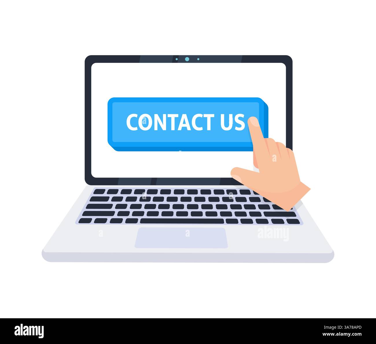 Hand pointer clicking on a Contact Us button on a laptop screen. Vector illustration Stock ...