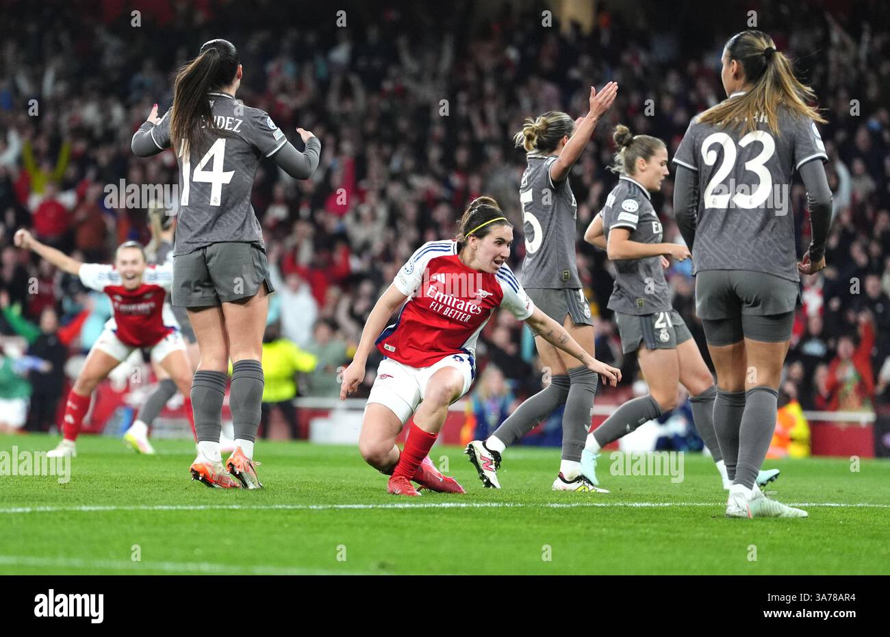 Arsenal's Mariona Caldentey (centre) celebrates scoring their side's ...