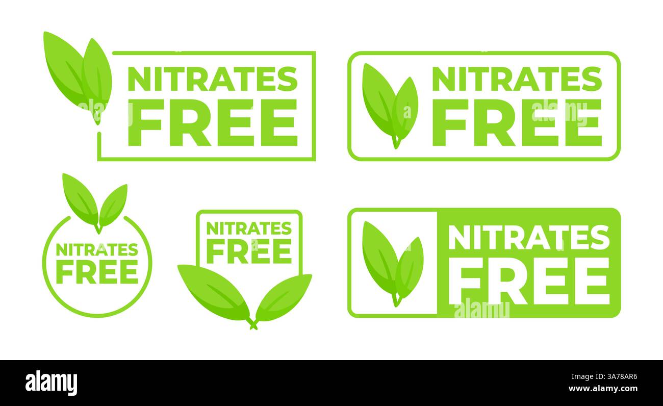 Set of green labels with a leaf design, prominently displaying Nitrates ...