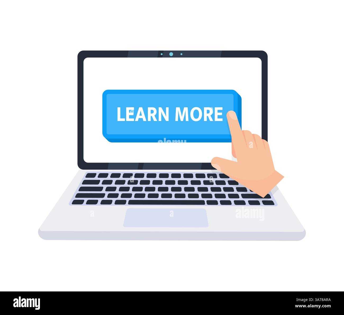 Hand pointer clicking on a learn more button on a laptop screen. Vector illustration Stock ...