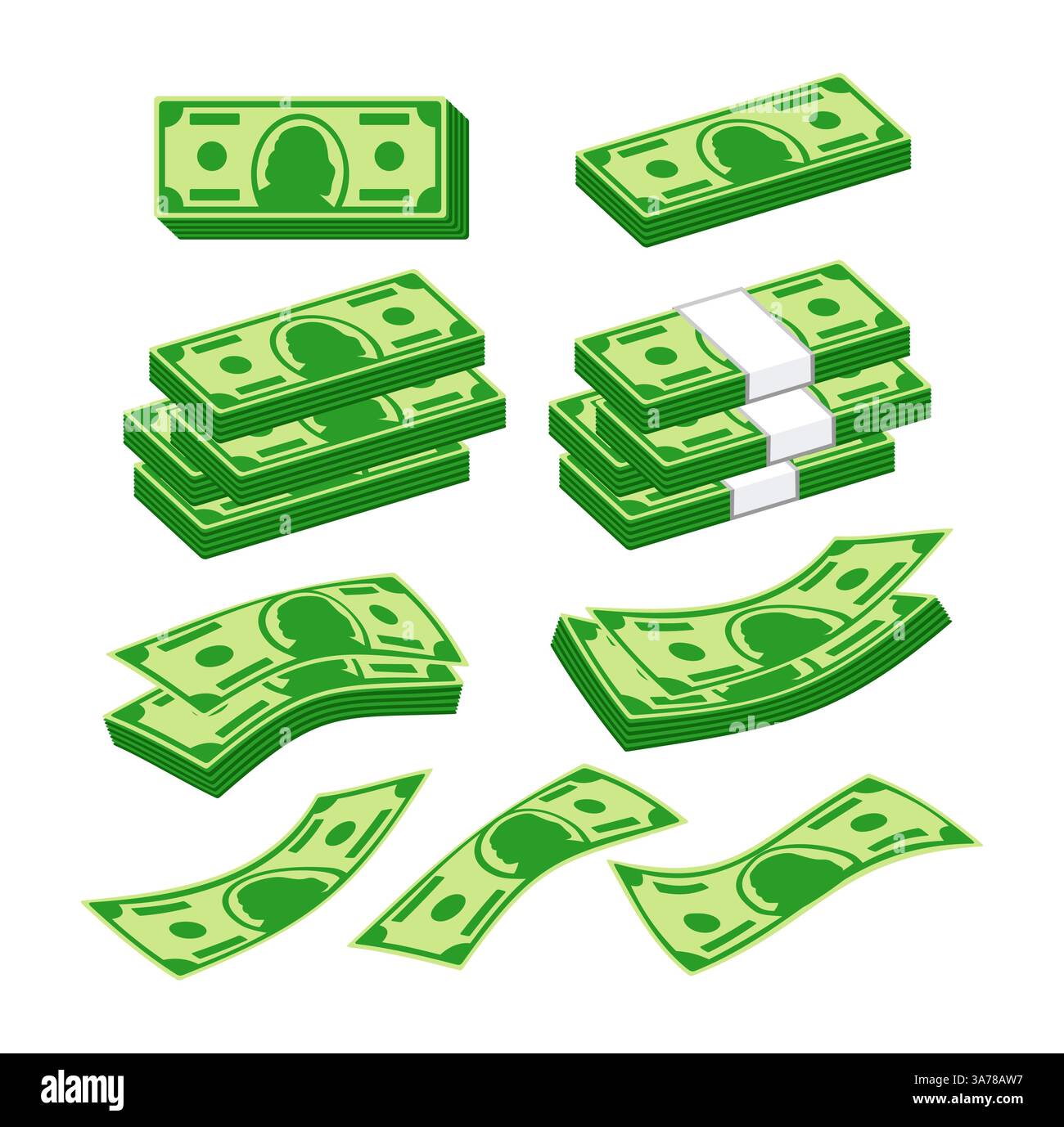 Set of packs paper money. Dollar bills. Stack of currency banknotes ...