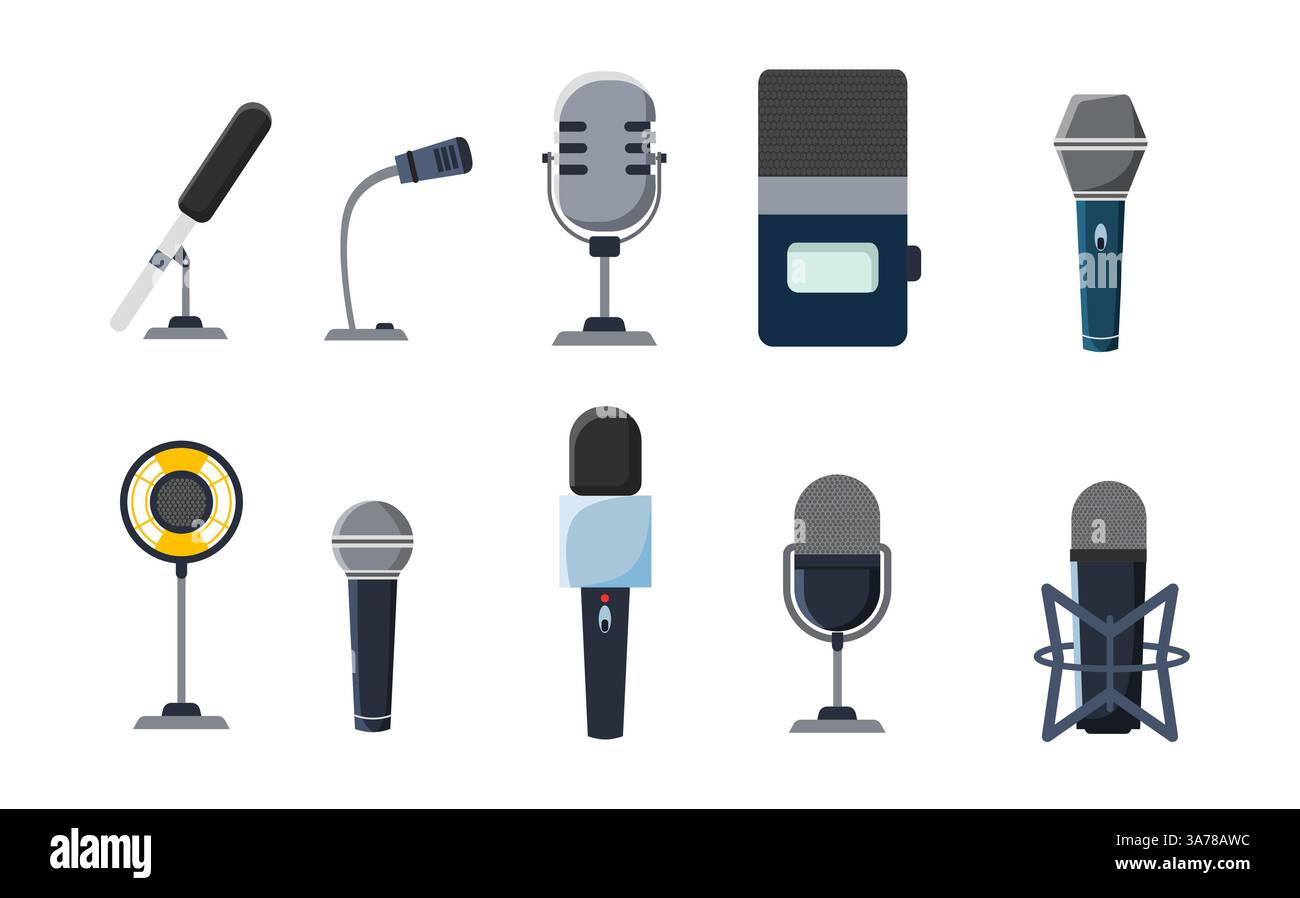 Assortment of different microphone types in a flat design style ...