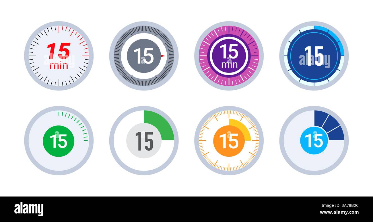 15 Minute Countdown. Stopwatch, timer icons set. Vector illustration ...