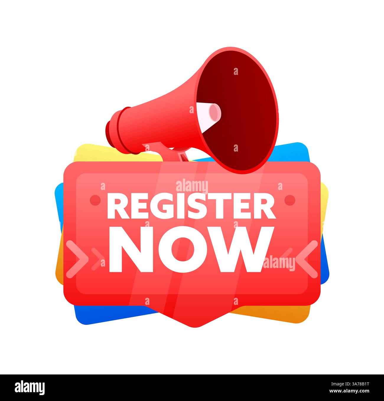 Register now. Badge with megaphone banner, label. Marketing and advertising. Vector illustration ...