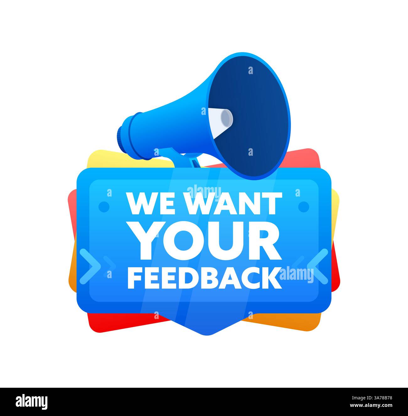 We want your feedback. Badge with megaphone banner, label. Marketing ...