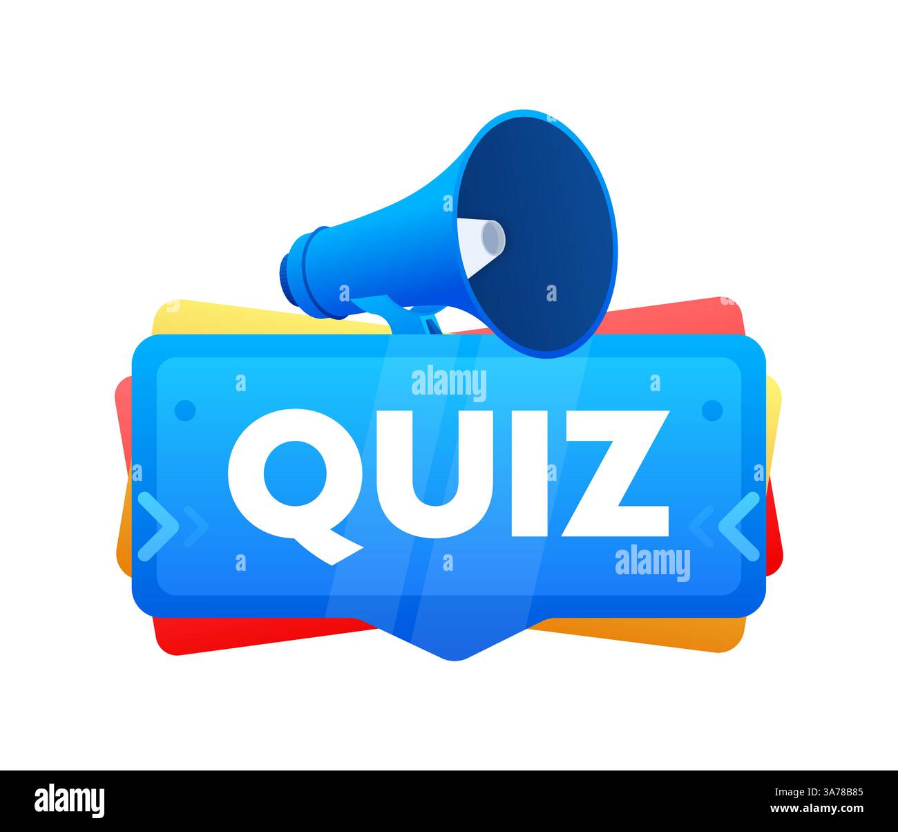 Quiz. Badge with megaphone banner, label. Marketing and advertising ...