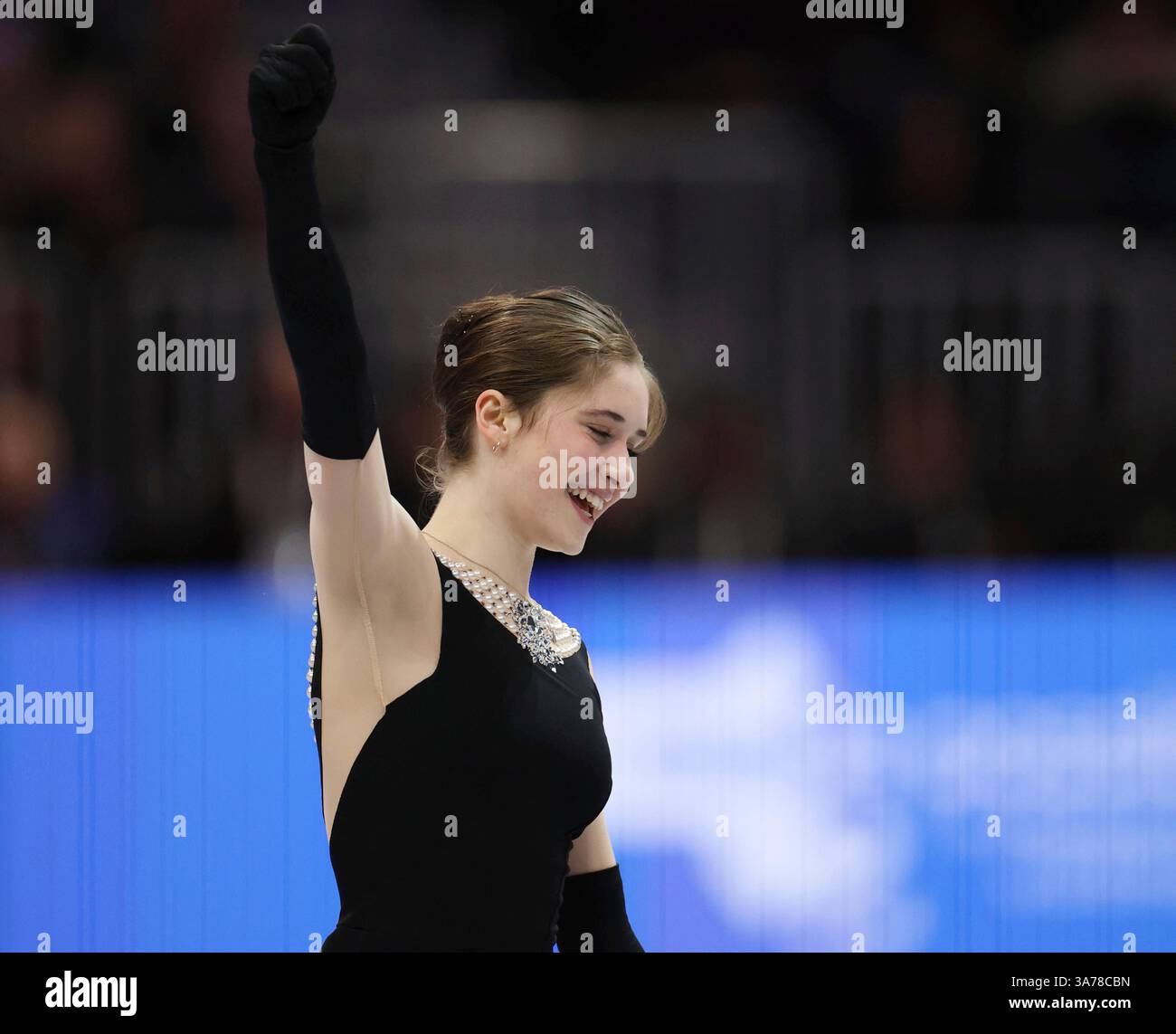 Isabeau LEVITO of the United States reacts after the women's short ...