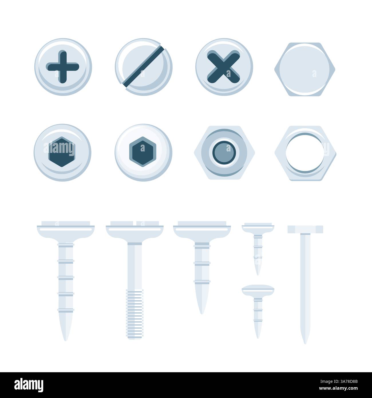Flat nails caps. Bolt heads top view. Metal screws, nuts. Construction ...