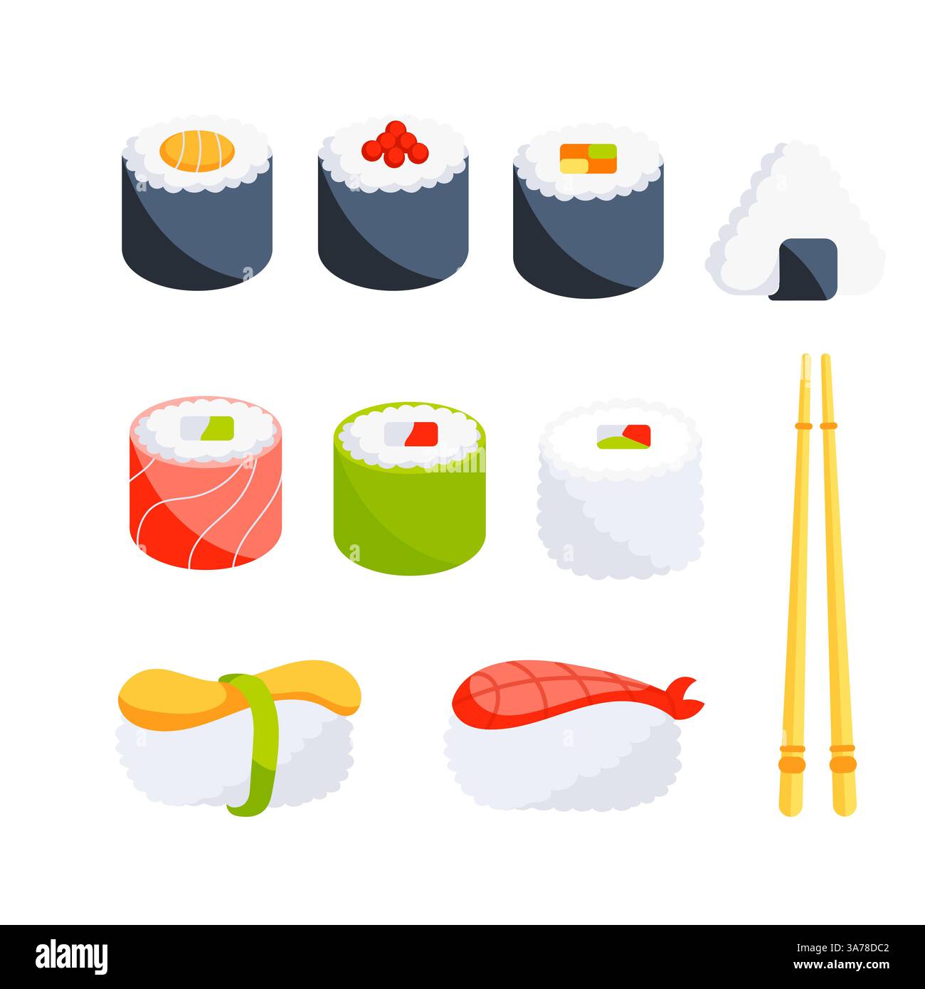 Japanese sushi rolls set. Cartoon seafood dish. Rice wrapped in nori ...