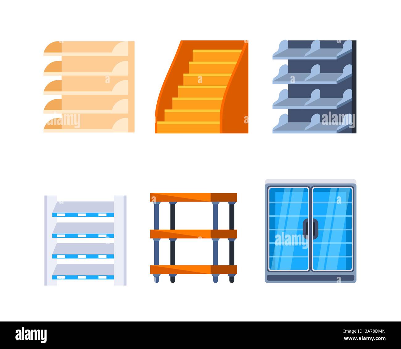 Shop showcases. Store shelves. Retail, Supermarket shelf rack. Cashier ...