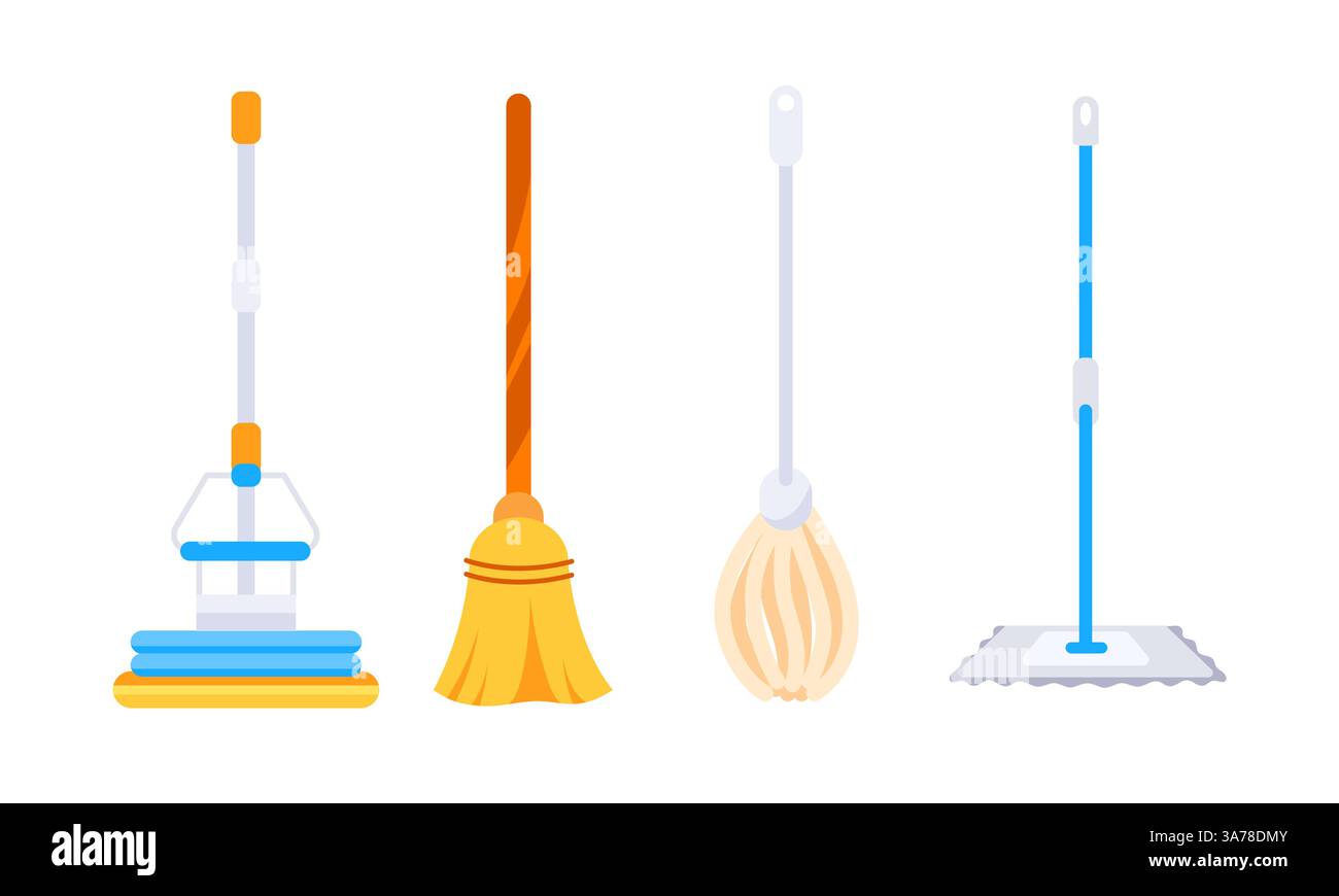 Mop and broom for cleaning. Home hygiene. Household mop and housework ...