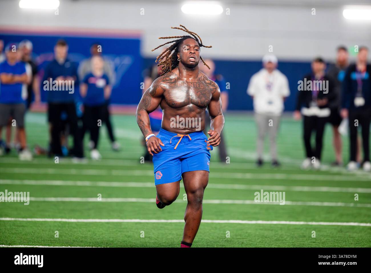 Boise State's Ashton Jeanty runs a drill during the school’s NFL football pro day held ...