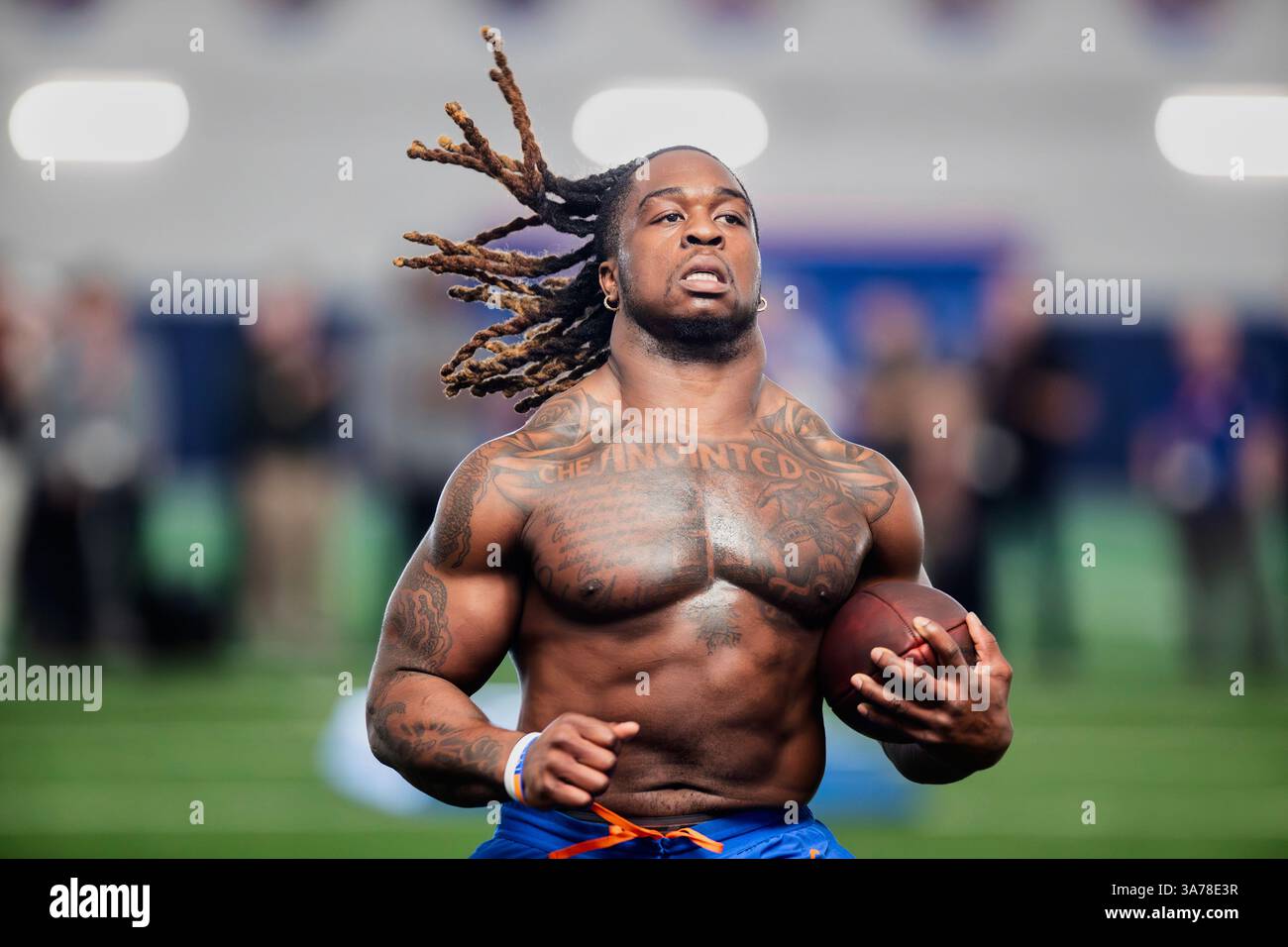 Boise State's Ashton Jeanty runs a drill during the school’s NFL football pro day held ...