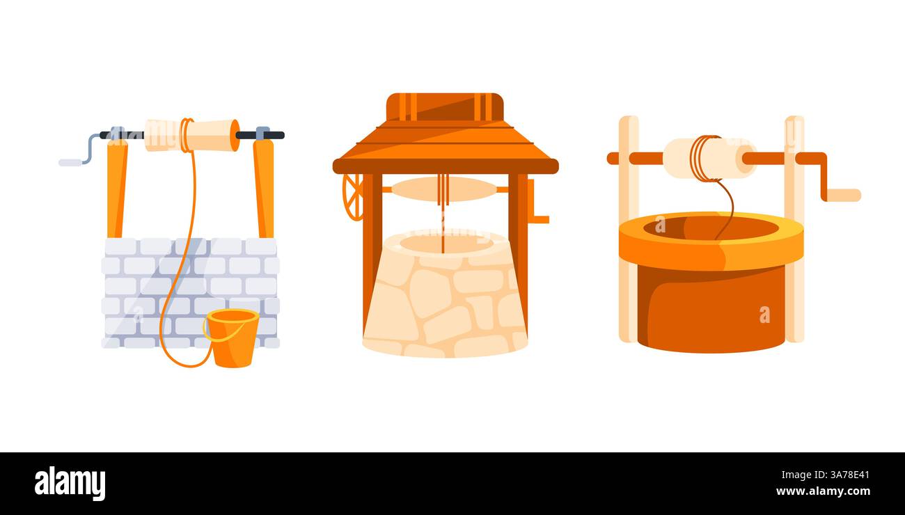 Water well set. Stone and wooden decorated peasant wells for water ...